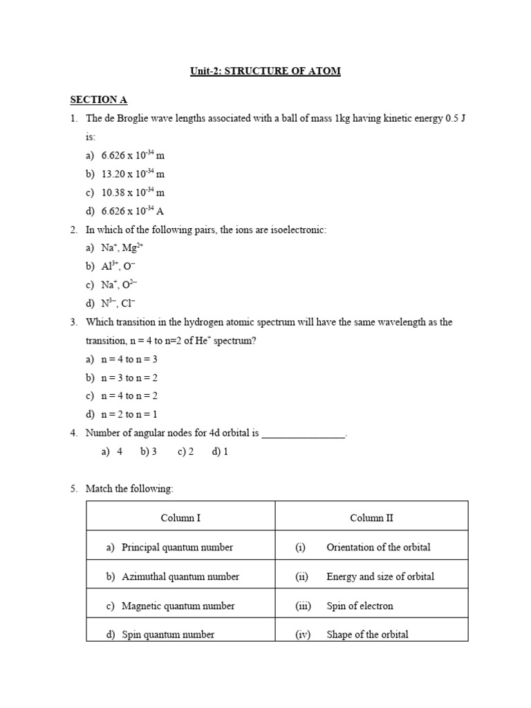 Structure Of Atom Assignment Pdf Atomic Orbital Electron