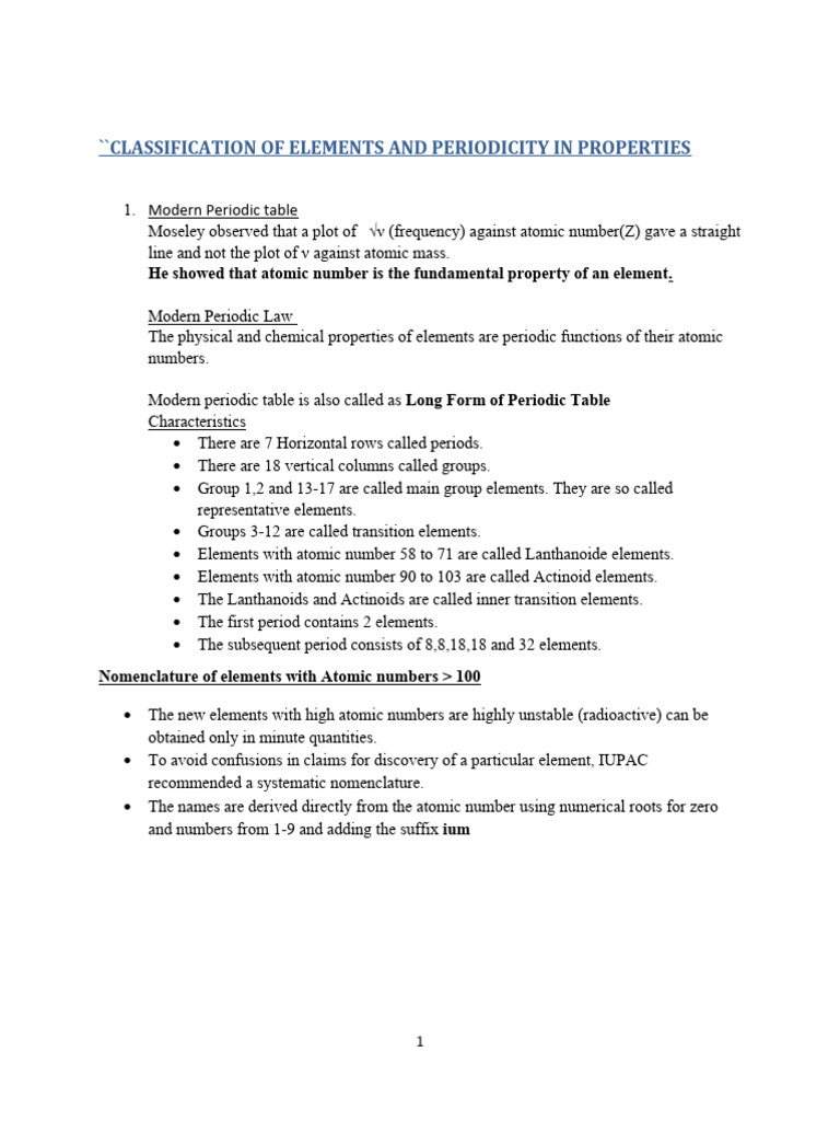 CLASSIFICATION OF ELEMENTS AND PERIODICITY IN PROPERTIES (Notes) | PDF ...