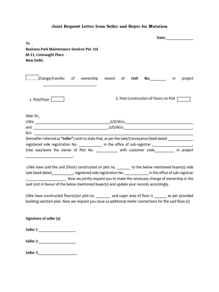 Joint Request Letter From Seller and Buyer For Mutation-Floors | PDF ...