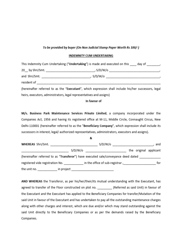Indemnity Cum Undertaking Agreement | PDF | Indemnity | Private Law
