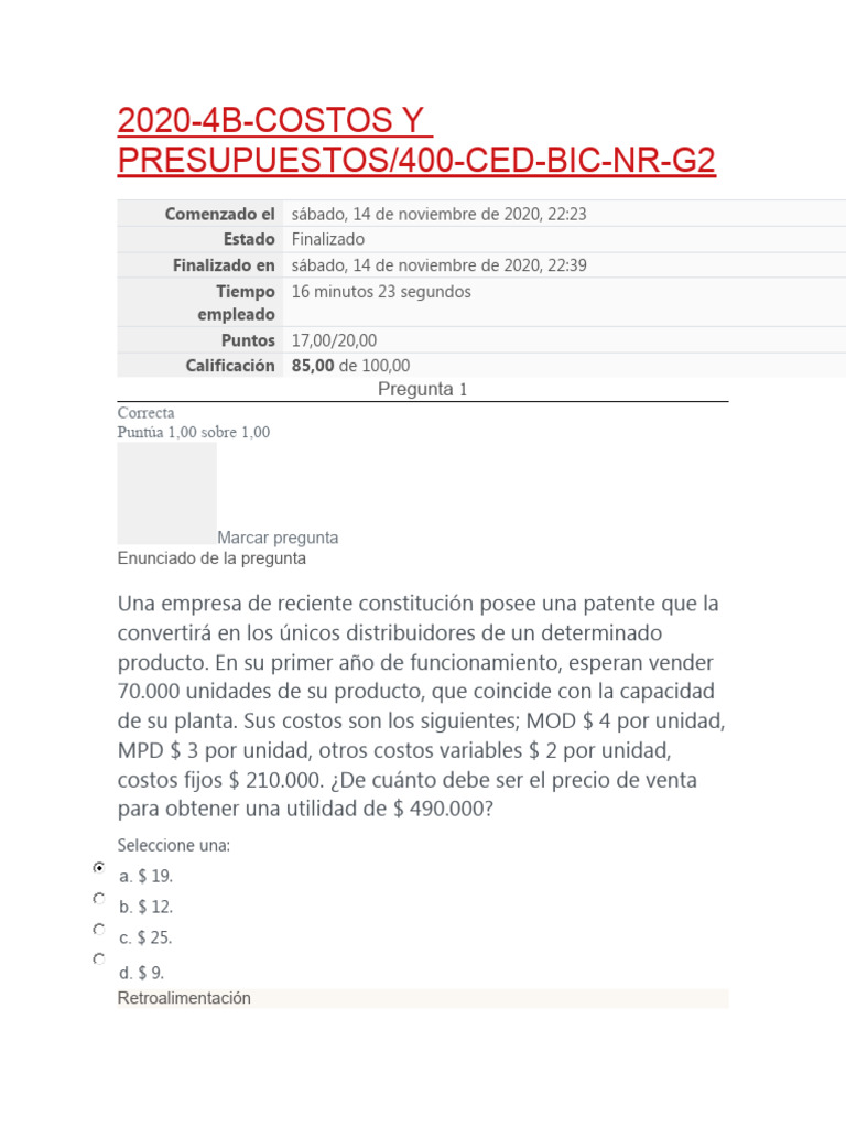 Examen Costos y Presupuestos | PDF | Presupuesto | Contabilidad de costos