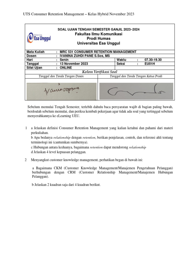 UTS Manajemen Retensi Konsumen 2023 | PDF | Bisnis