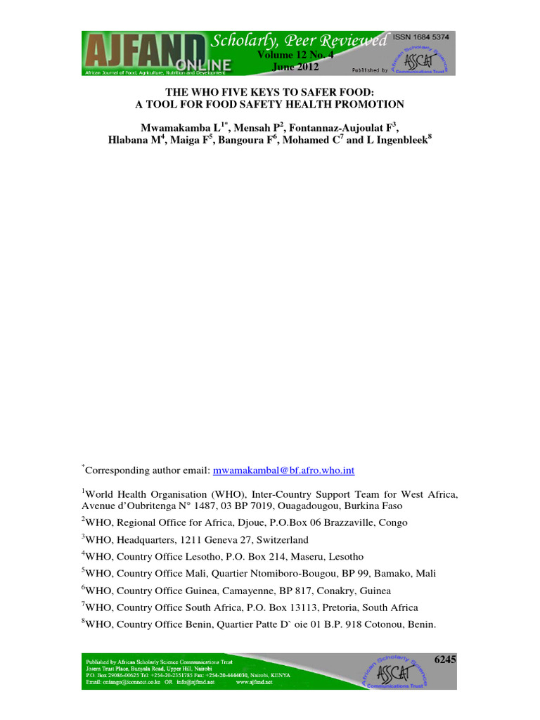 THE WHO FIVE KEYS TO SAFER FOOD A TOOL FOR FOOD SAFETY HEALTH PROMOTION ...