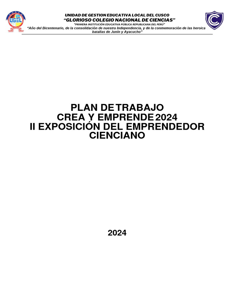 Plan de Trabajo Crea y Emprende 2024 | PDF | Iniciativa empresarial ...