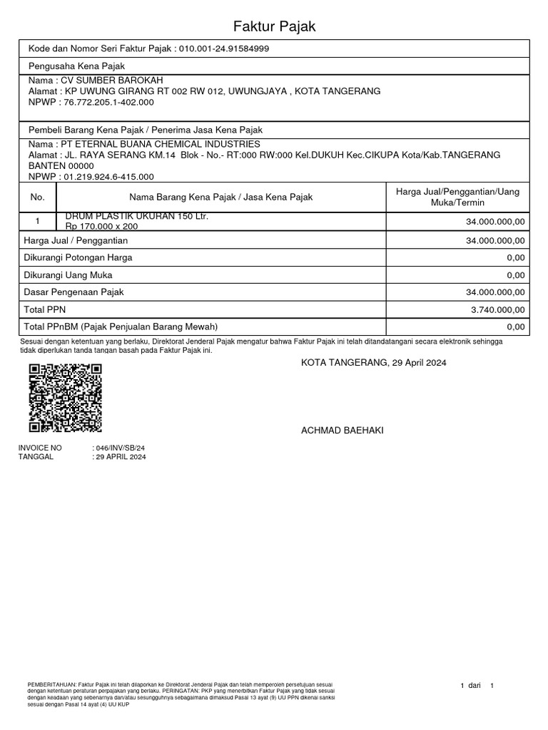 Faktur Pajak Pt. Eternal Buana Chemical Industries 29-04-2024 | PDF