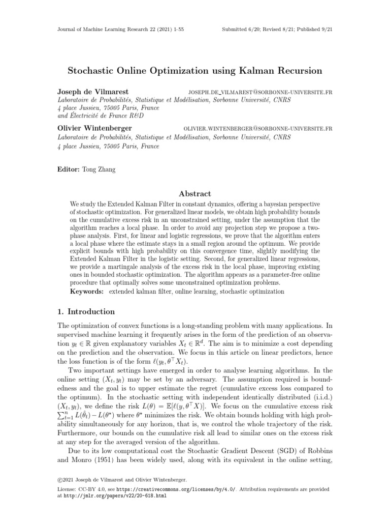 Stochastic Online Opitmization Using Kalman Recursion - Paper | PDF | Kalman Filter ...