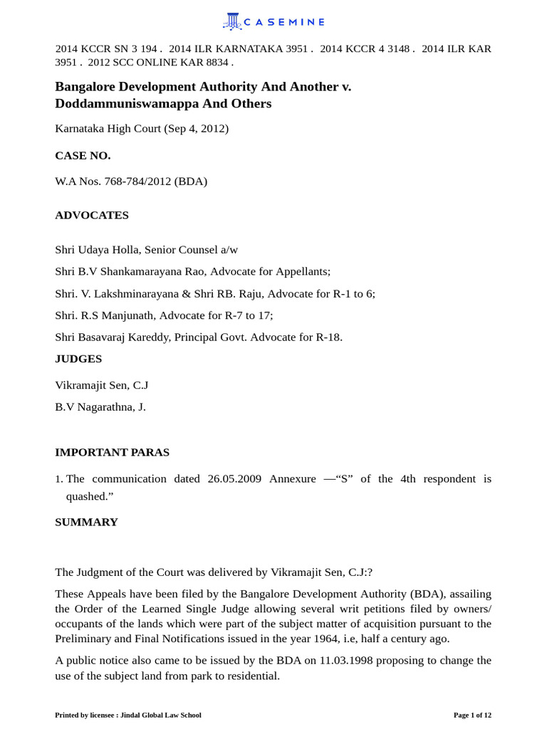CASEMINE - Bangalore Development Authority and Another v ...
