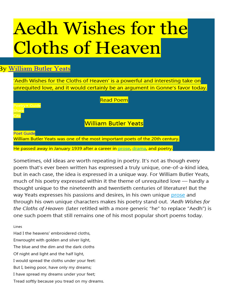 Aedh Wishes For The Cloths of Heaven | PDF | W. B. Yeats | Poetry