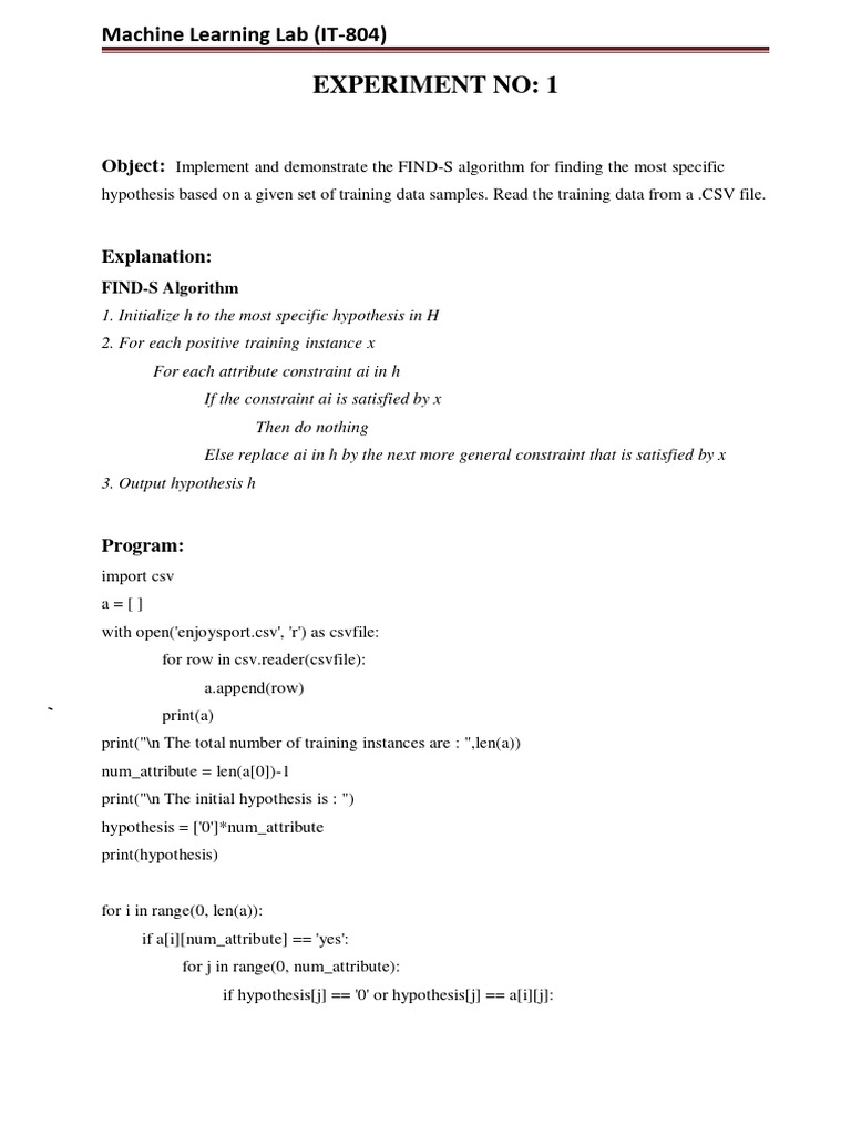 Ml Lab Experiments 1 Pages 1 Pdf Learning Computing 