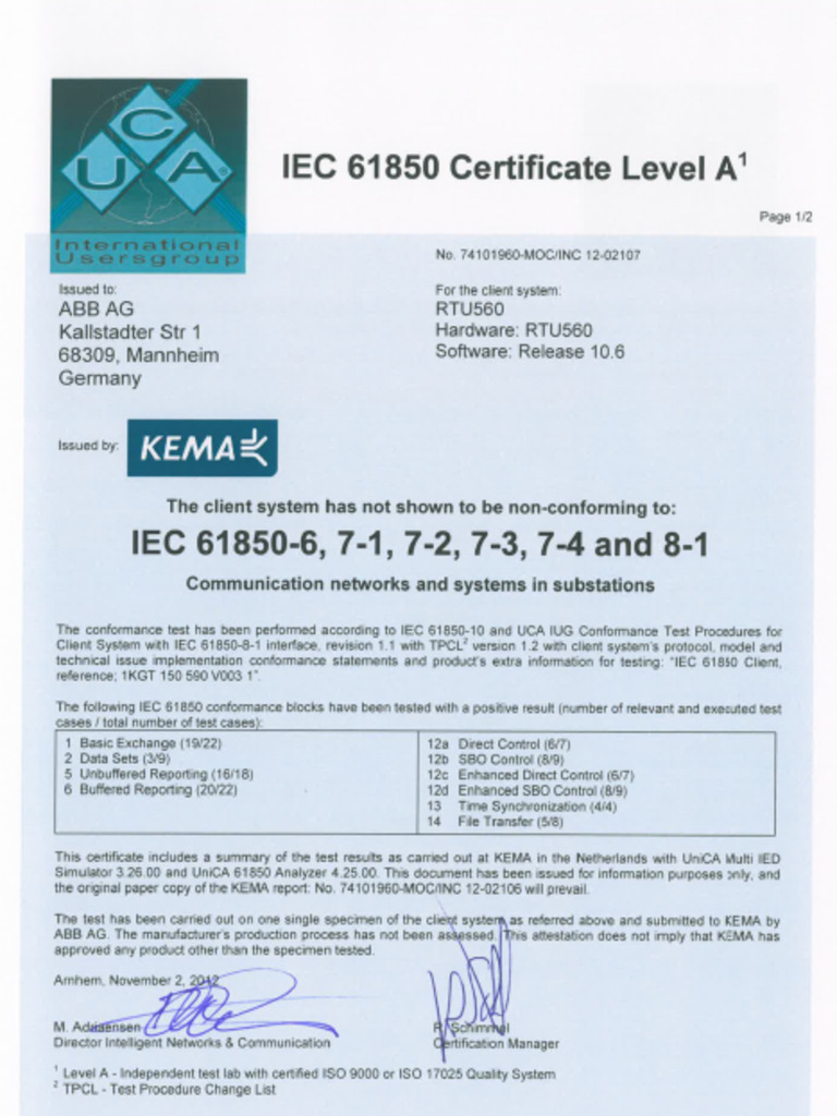 ABB - RTU560 - IEC 61850 - KEMA Certificate | PDF