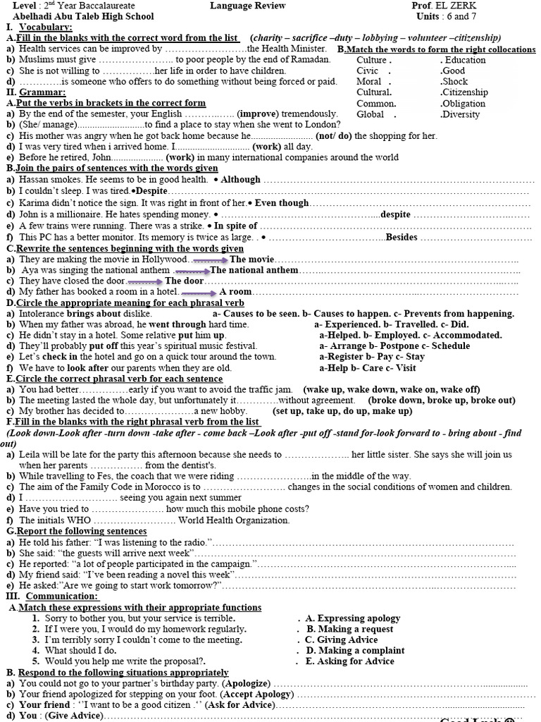 2 Bac Review Units 6 and 7 | PDF