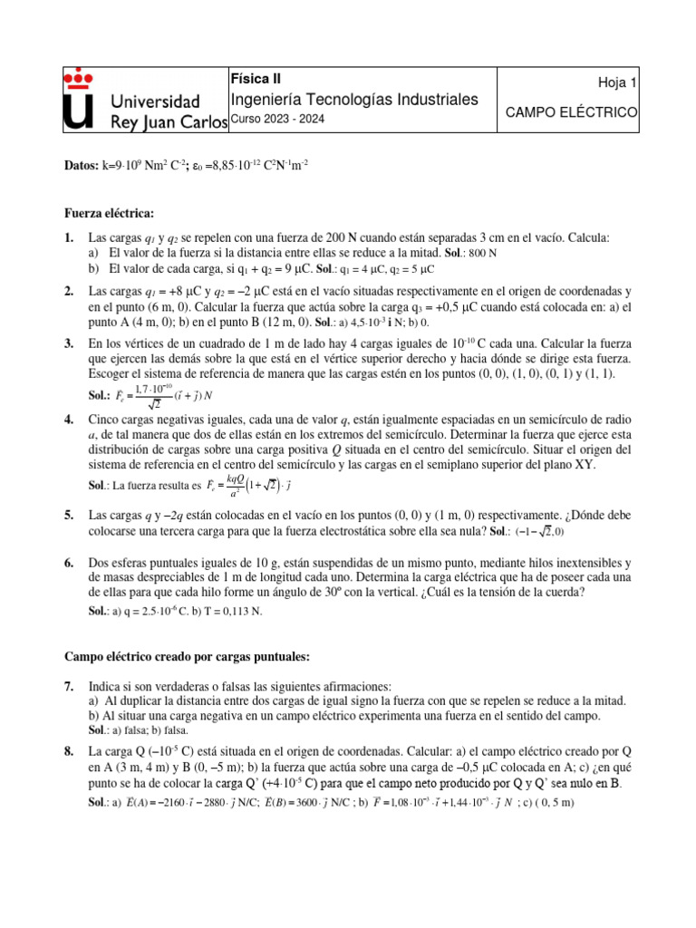 1-Campo Eléctrico | Descargar gratis PDF | Fuerza | Electrostática