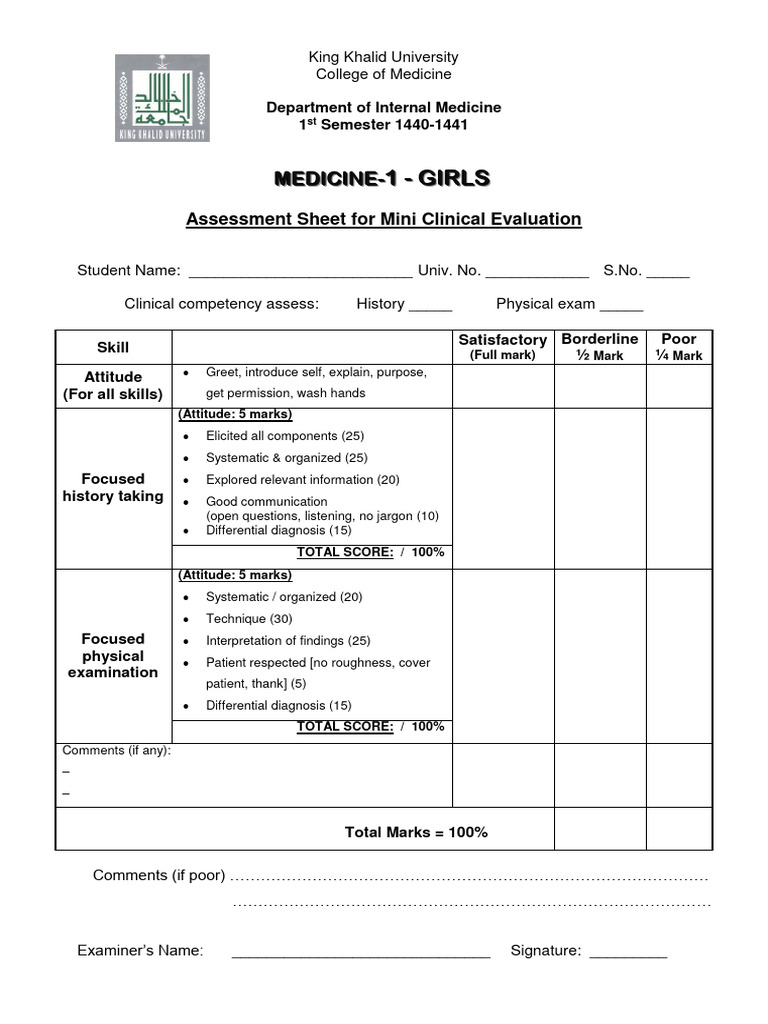 Mini Clinical Evaluation Assessment Sheet | PDF | Health Sciences ...