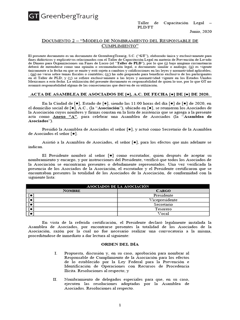 Taller PLD Junio 2020 Modelo de Nombramiento Del Responsable de Cumplimiento | PDF | Gobierno
