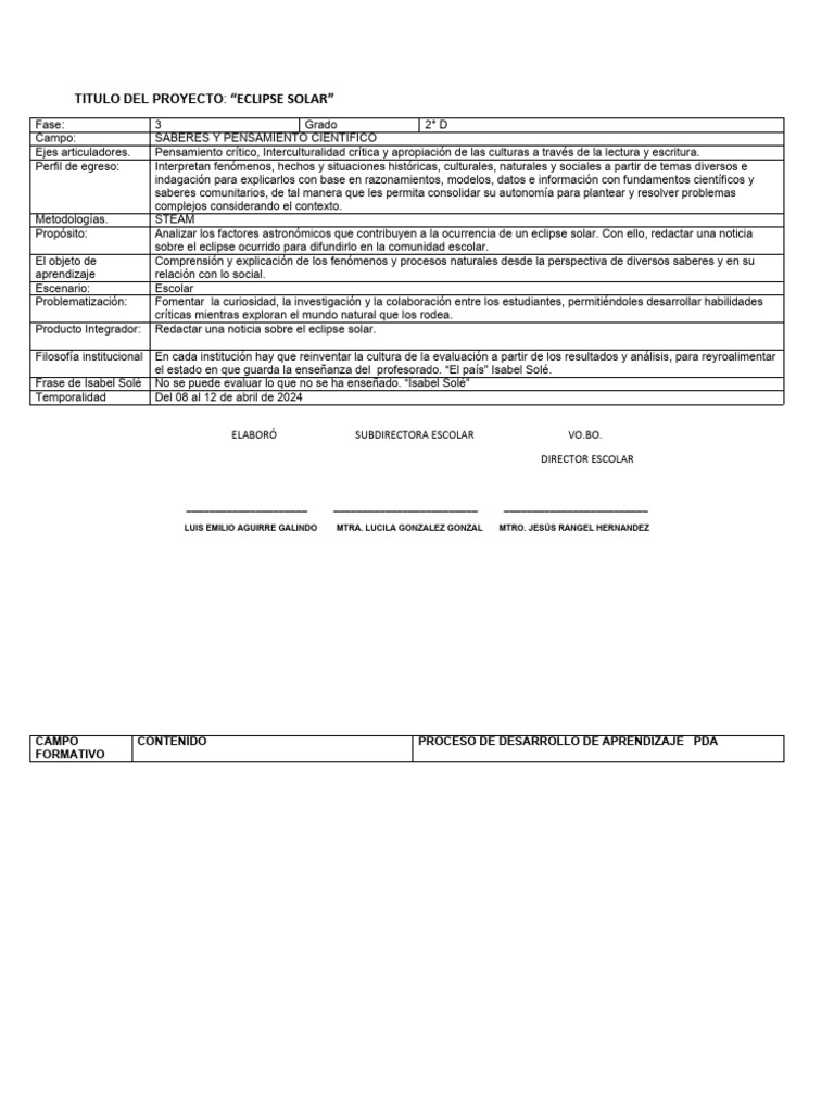 Titulo Del Proyecto Eclipse Solar | PDF | Aprendizaje | Inclusión (Educación)