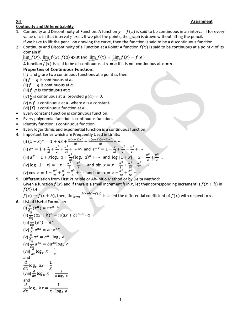 Continuity and Differentiability Assignment | PDF | Function (Mathematics) | Continuous Function