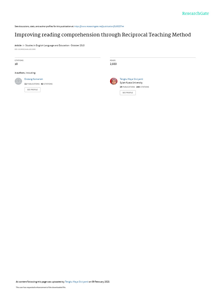 Improving Reading Comprehension Through Reciprocal Teaching Method | PDF | Reading Comprehension ...