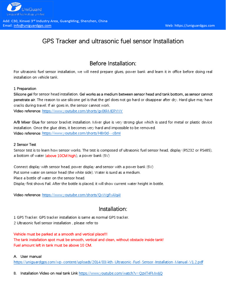 GPS Tracker & Fuel Sensor Installation Guide | PDF | Computing