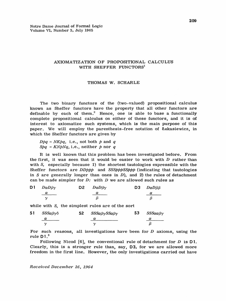 Scharle1965 - Axiomatization of Propositional Calculus With Sheffer Functors | PDF | Axiom | Theorem