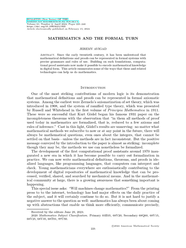 Avigad2024 - Mathematics and The Formal Turn | PDF | Mathematics ...