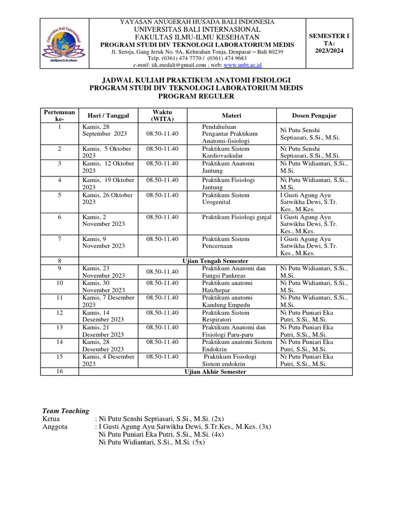 Jadwal Praktikum Anatomi Fisiologi 2023 | PDF