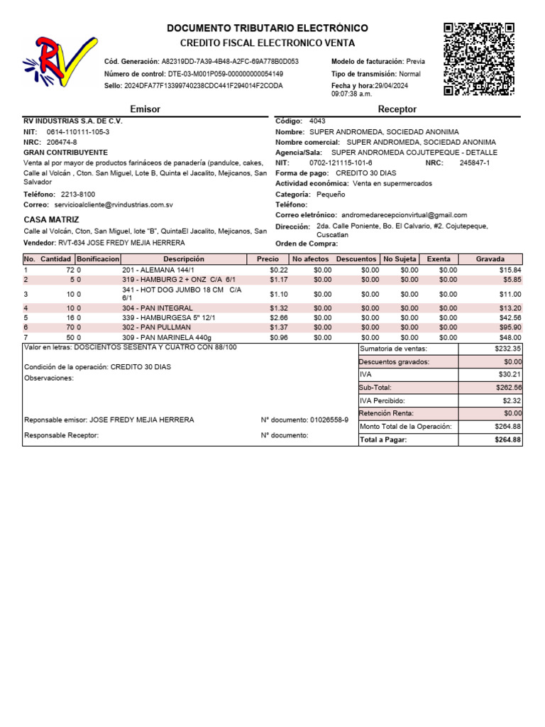 Super Andromeda Cojutepeque - Detalle Representacion Grafica Credito Fiscal Dte v2.1 | PDF