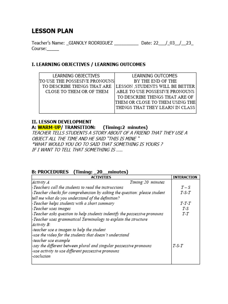 Lesson Plan: Mastering Possessive Pronouns | PDF