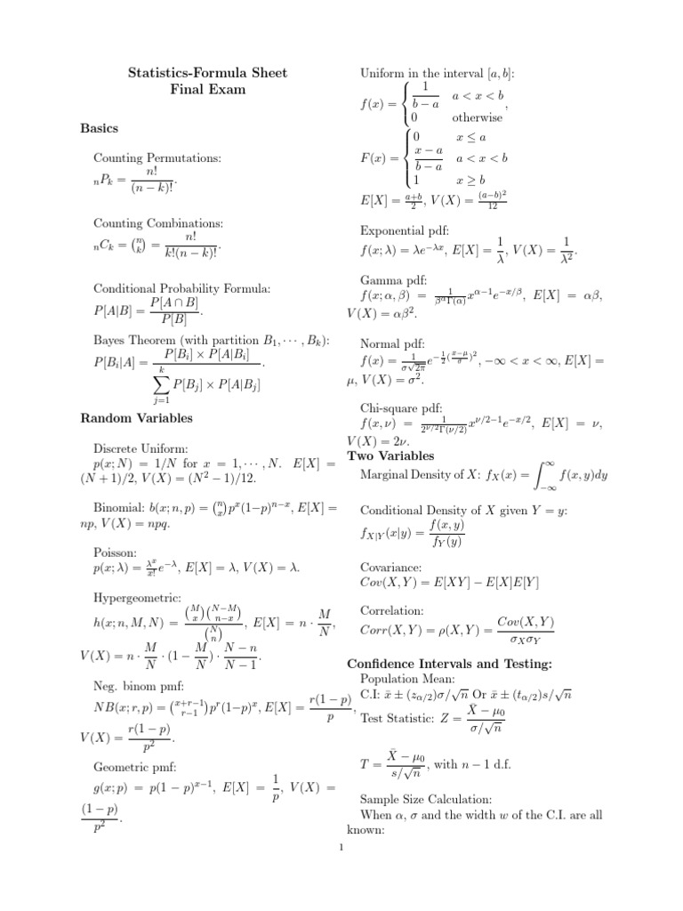 Final230 Formula Sheet S2022 | PDF | Mathematics | Elementary Mathematics