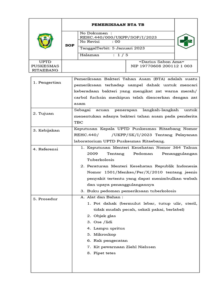 Sop Pemeriksaan Bta TB | PDF