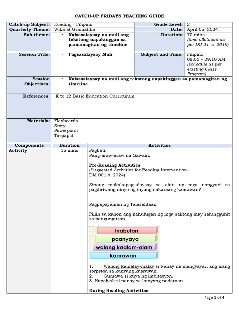 Grade2 Filipino Reading - Catch Up Friday 1 | PDF