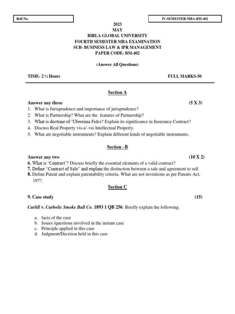 MBA Business Law & IPR Exam 2023 | PDF