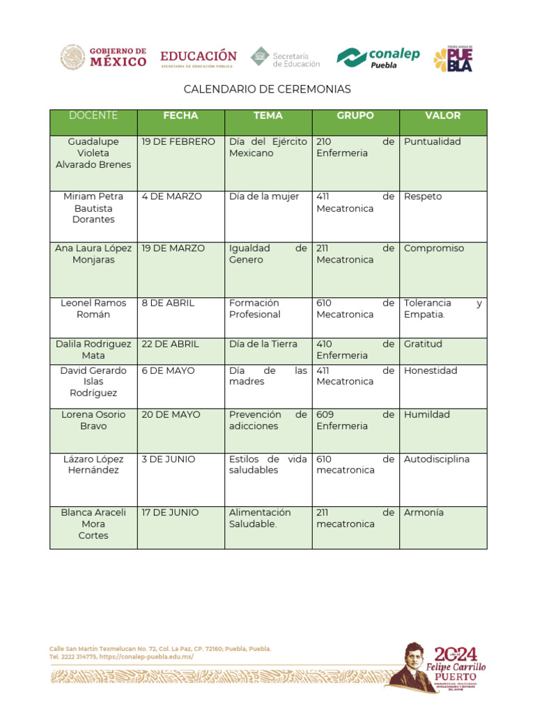 Calendario Ceremonias y Mural Conalep | PDF