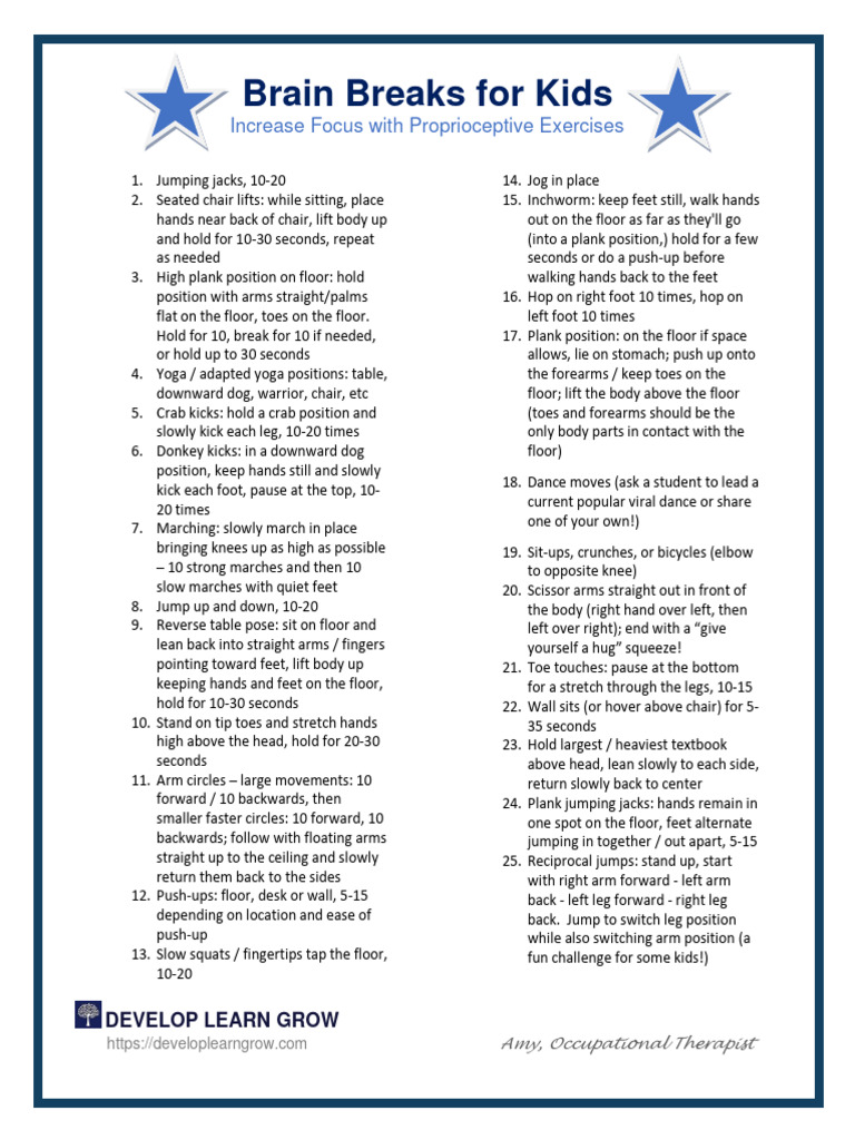 25 Brain Breaks Proprioceptive Input Printable | PDF | Physical Exercise