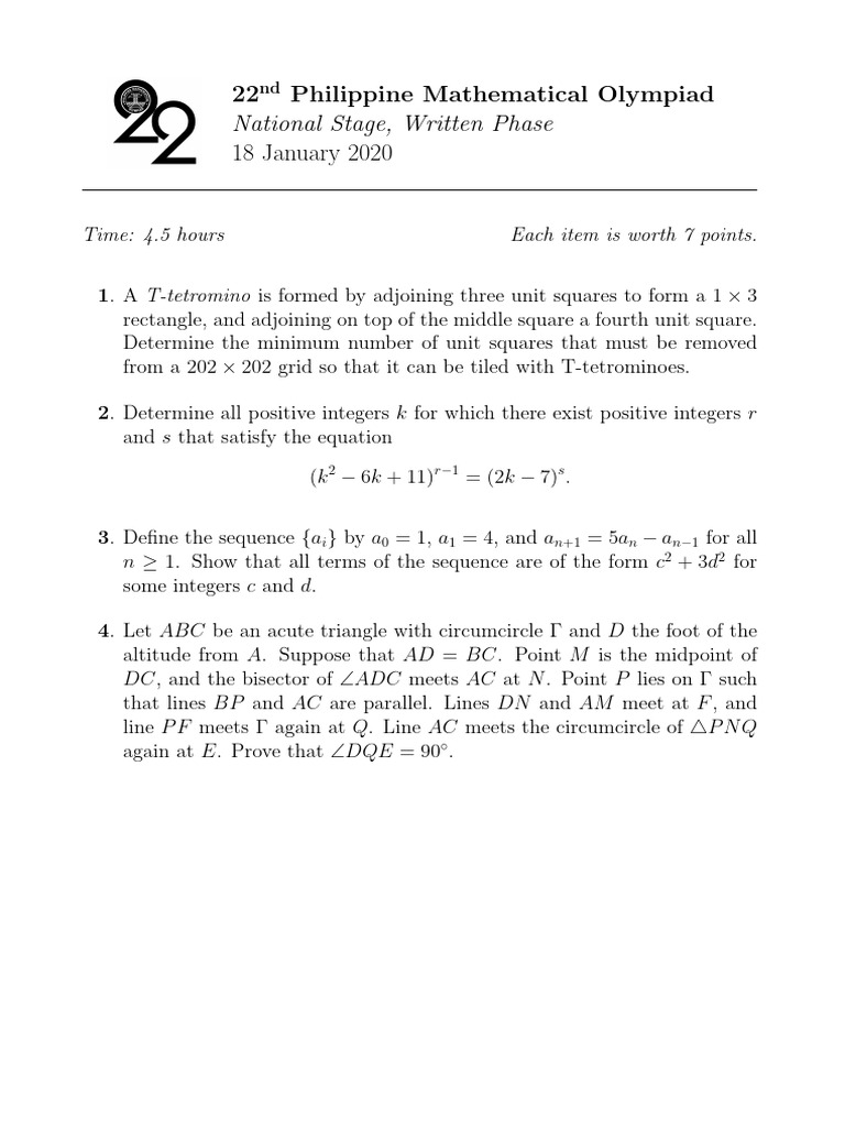 PMO 22 National Finals Written Round | PDF | Geometry | Mathematical Concepts