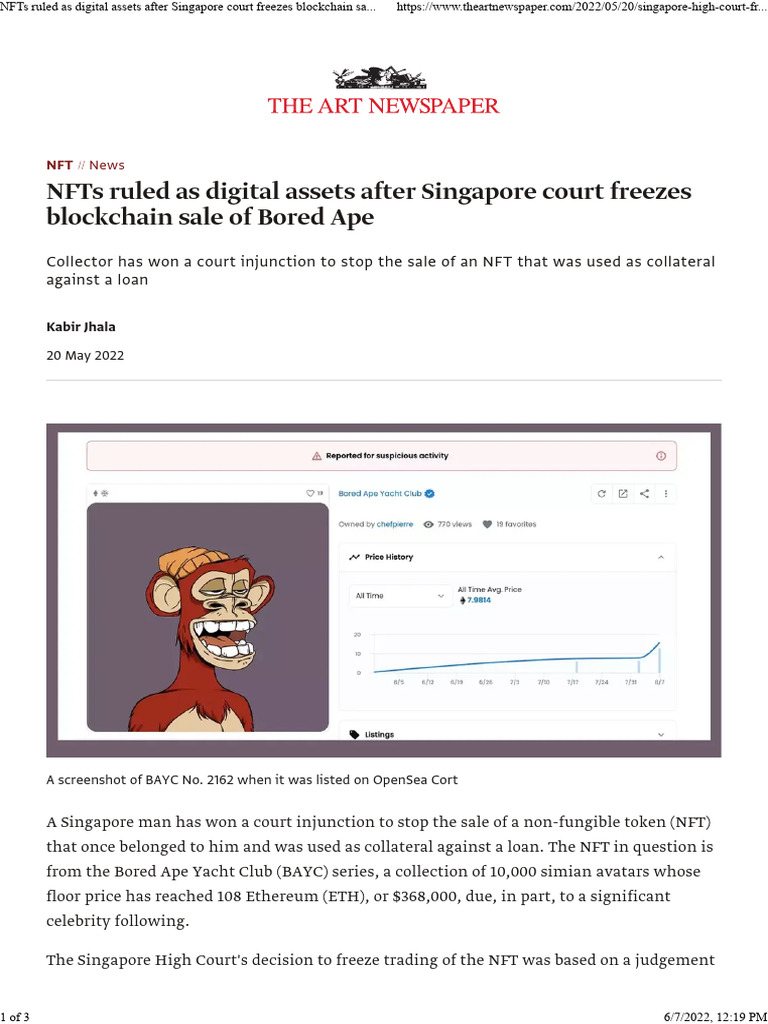 Singapore Court Freezes NFT Sale | PDF | Games & Activities | Law