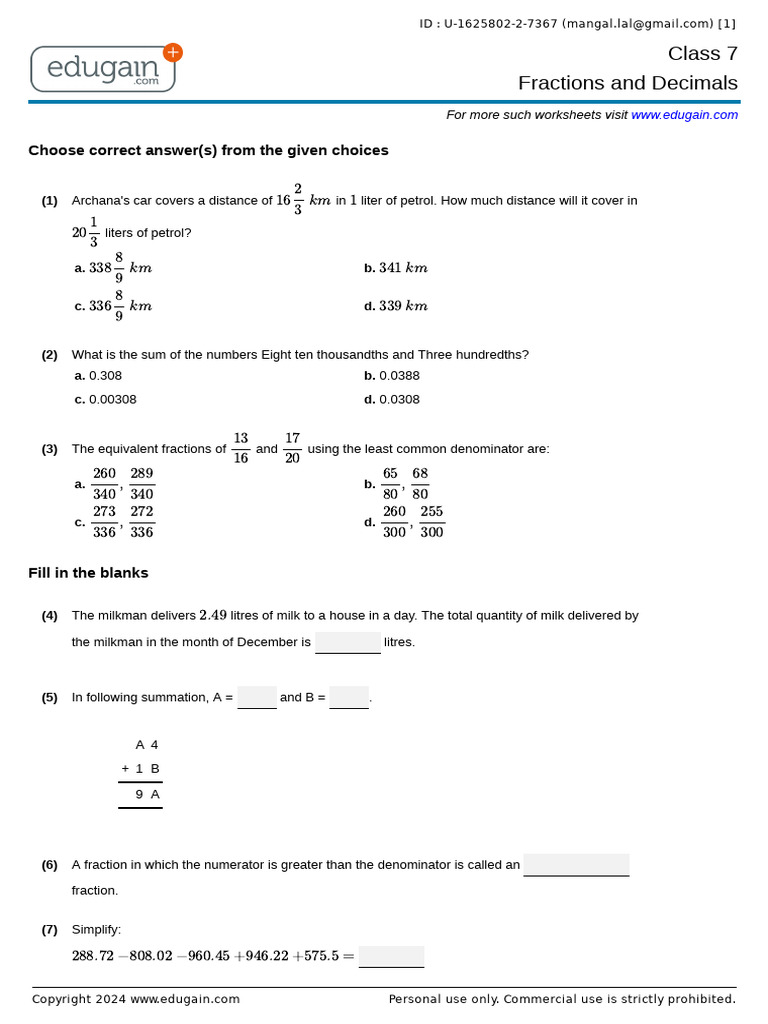 Fraction Grade7-1625802-2-7367.q | PDF | Elementary Mathematics | Numbers