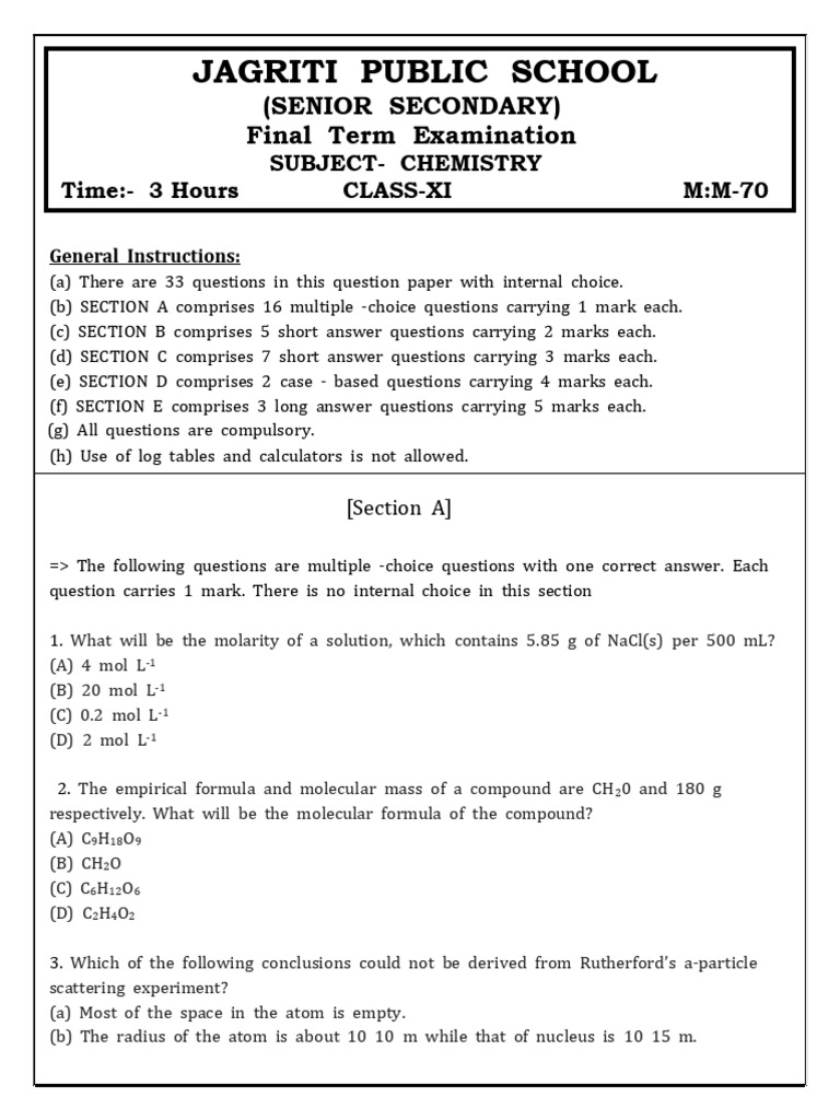 Class 11 Chemistry Final Exam Paper | PDF | Mole (Unit) | Chemistry