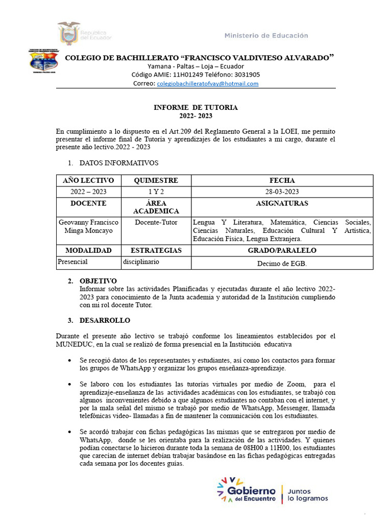 Tutoria Informe Decimo Egb 2023 | Descargar gratis PDF | Modificación de comportamiento ...