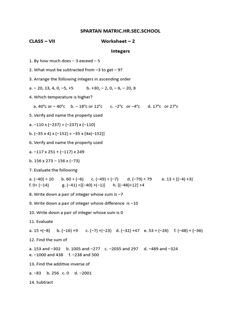 Worksheet - 2 Integers | PDF | Integer | Subtraction