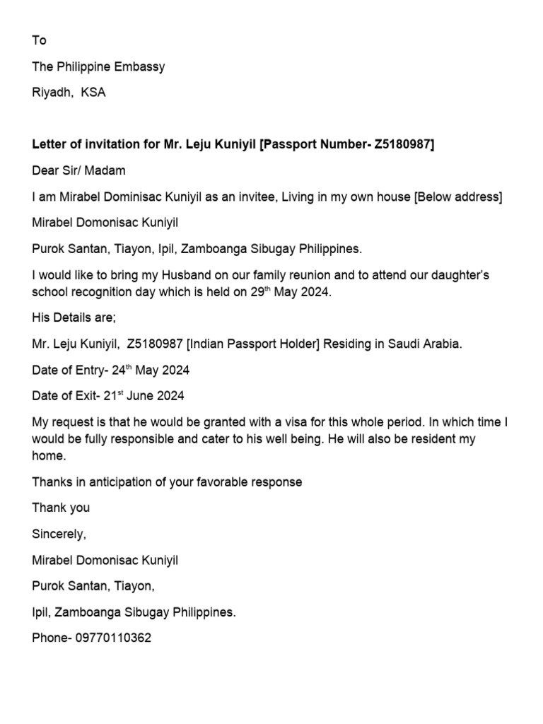Visa Invitation Letter for Family Reunion | PDF