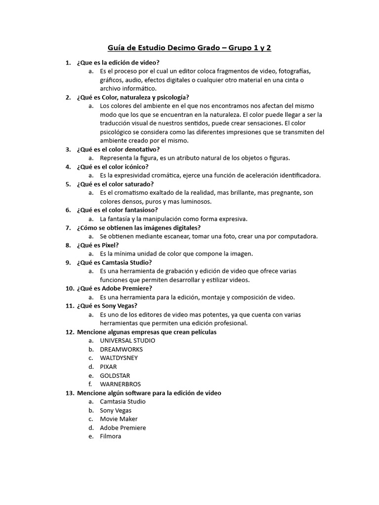 Guia de Estudio Decimo Grado | PDF | Color | Vídeo