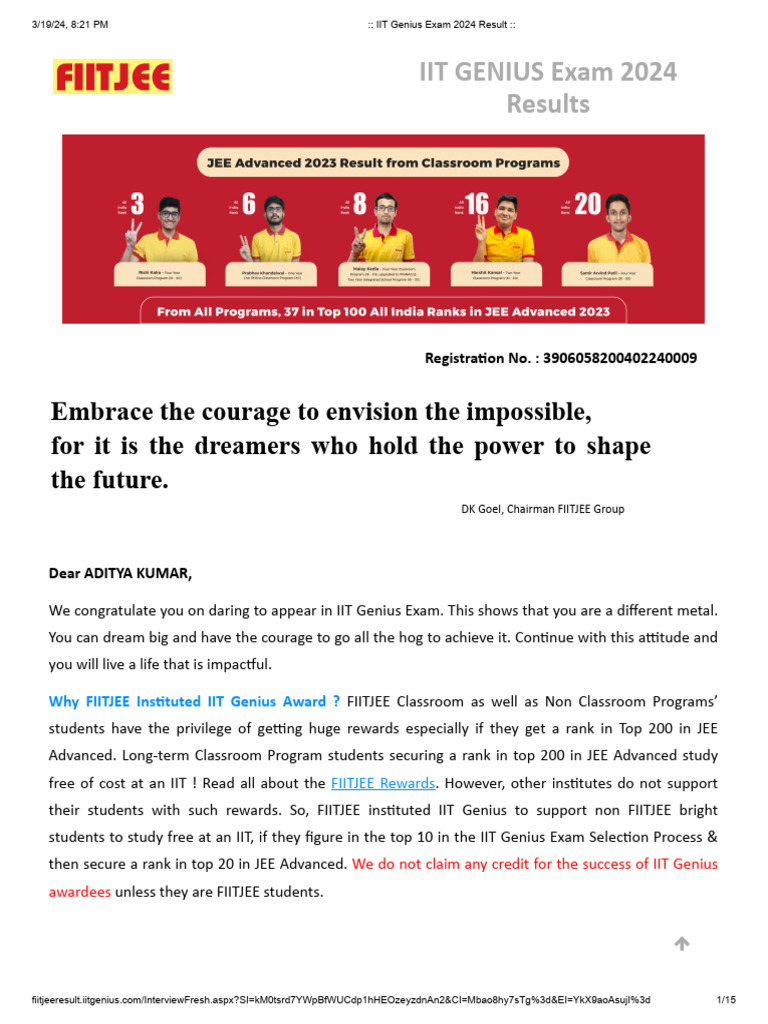 IIT Genius Exam 2024 Result | PDF | Schools | Vocational Education