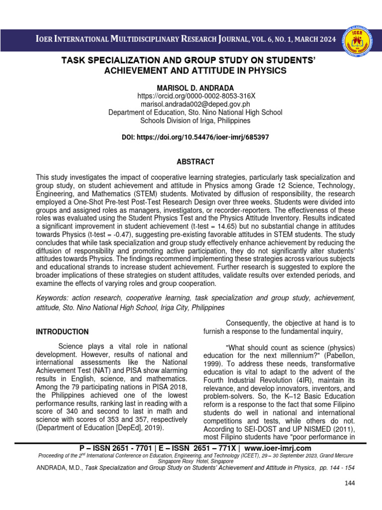 Task Specialization and Group Study On Students' Achievement and ...