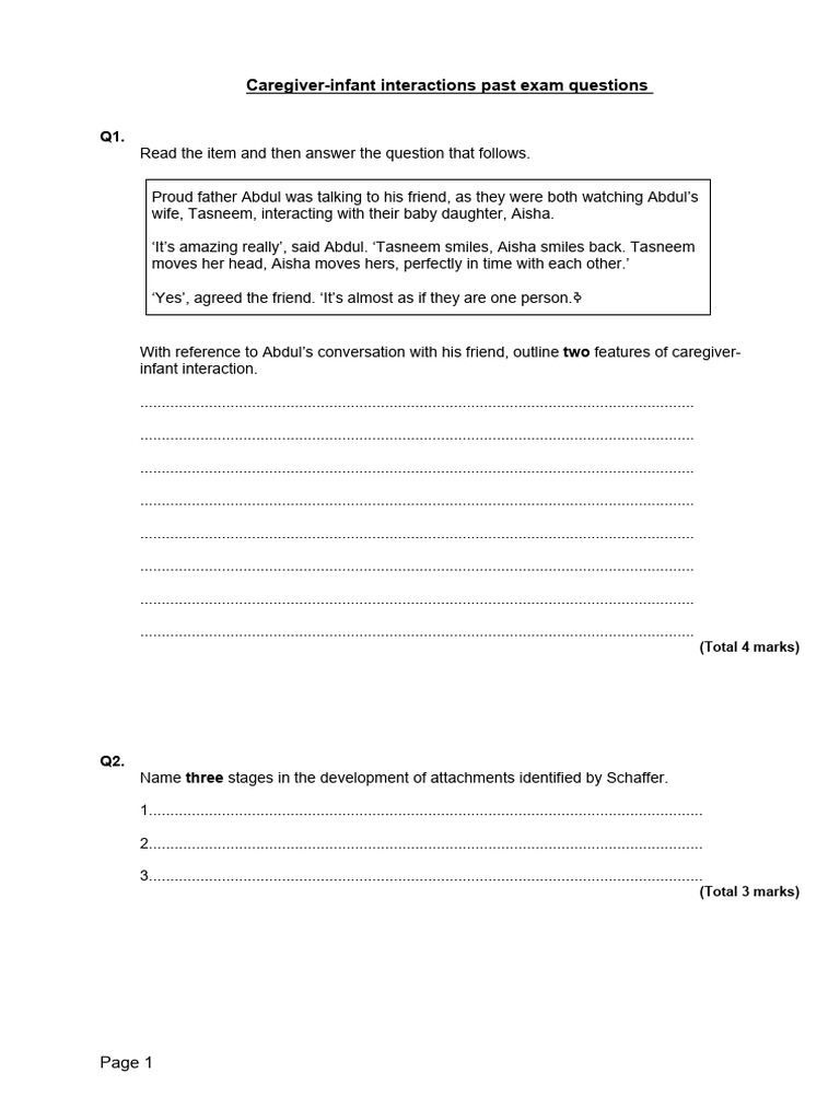 Practice Questions Caregiver Interactions A-level Psychology | PDF ...