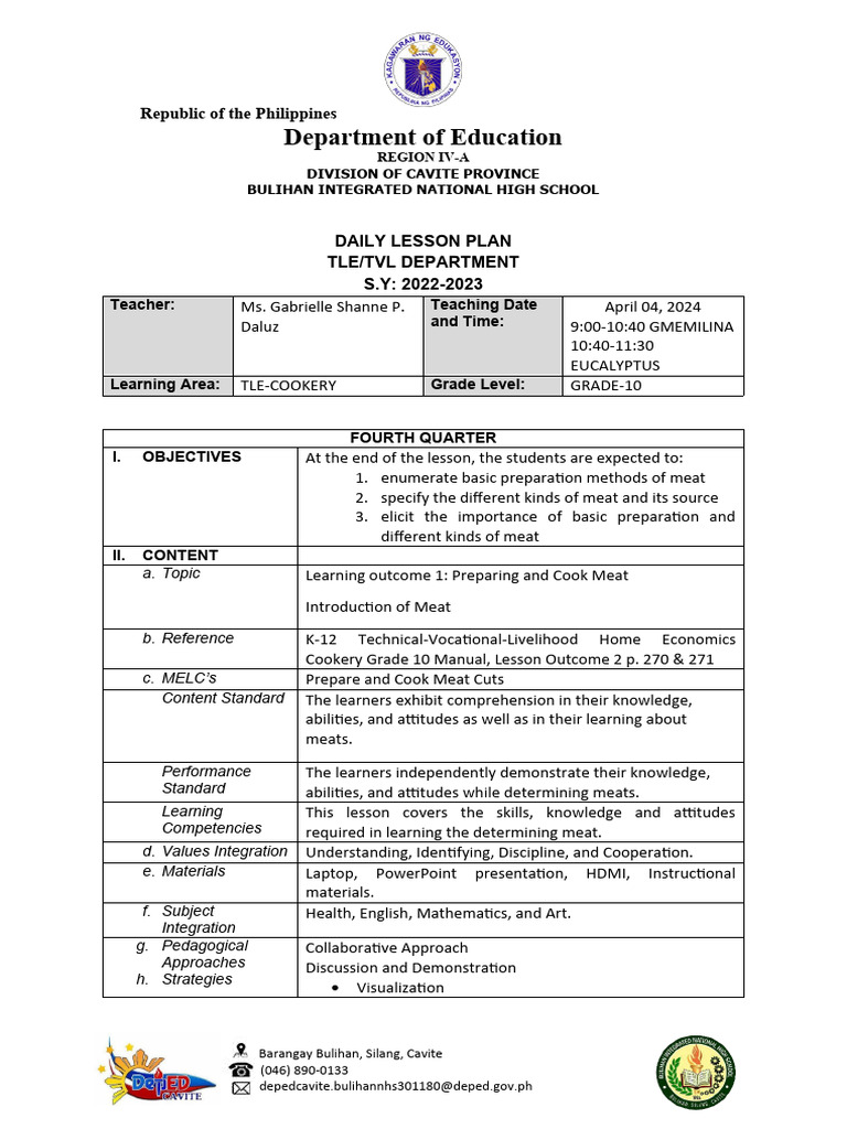 Grade 10 TLE Cookery Lesson Plan | PDF | Learning | Cooking