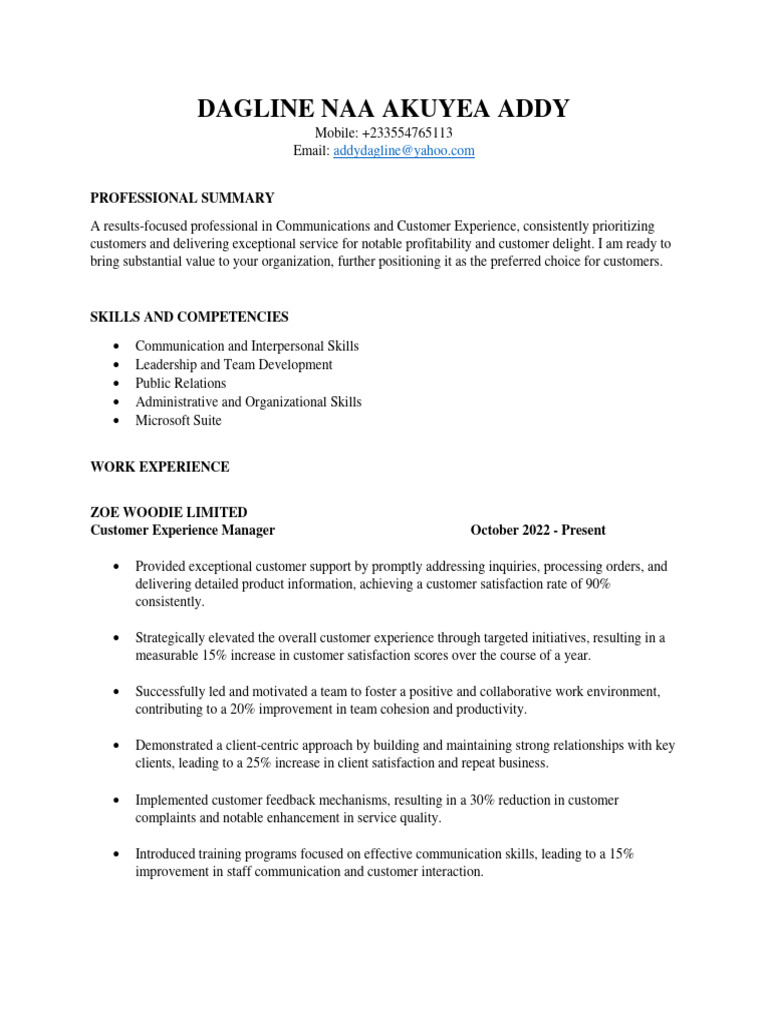 Dagline Naa Akuyea Addy's CV | PDF | Customer Satisfaction | Customer ...