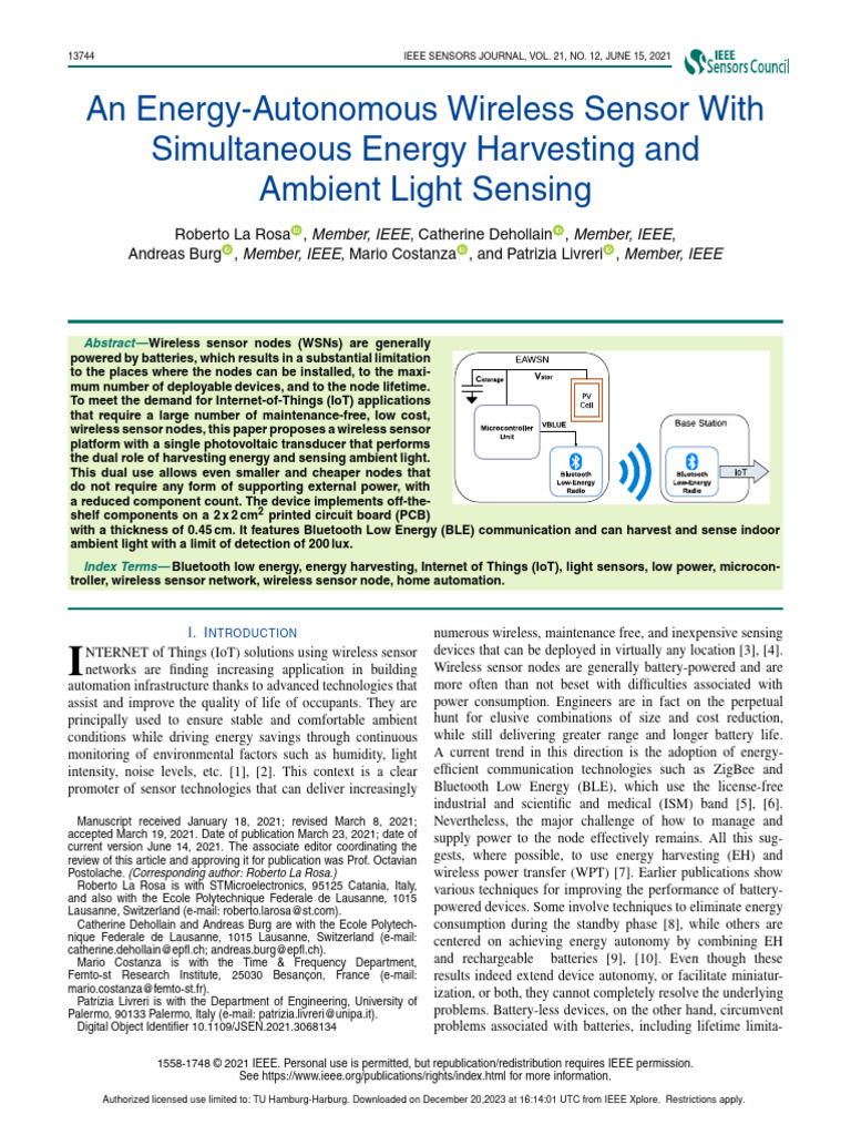 An Energy Autonomous Wireless Sensor With Simultaneous Energy Harvesting And Ambient Light
