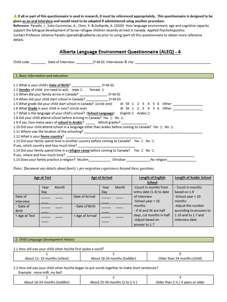 Alberta Language Environnement Questionnaire ALEQ-4 | PDF | Fluency ...