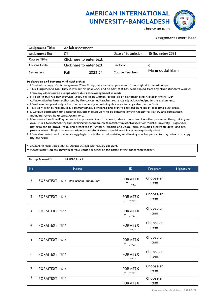 AIUB Assignment Cover Sheet | PDF | Plagiarism