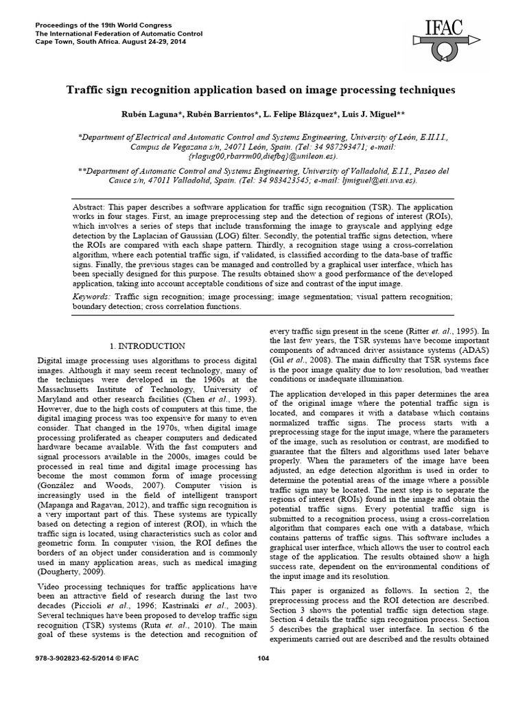 Traffic Sign Recognition Application Based On Image P - 2014 - IFAC Proceedings | PDF | Computer ...